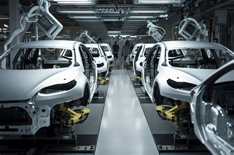A Group Of Cobots Assembling A Car On An Assembly Line Stock