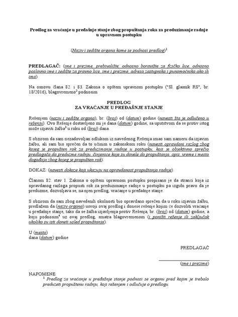 Predlog Za Vraćanje U Pređašnje Stanje Pdf