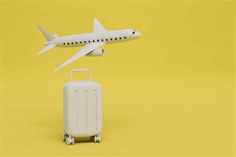 비행기로 여행하는 개념 노란색 배경에 수하물이있는 비행기와 여행 가방 붙여 넣기를 복사하십시오 3d 렌더링 0명에 대한 스톡 사진 및 기타 이미지 Istock
