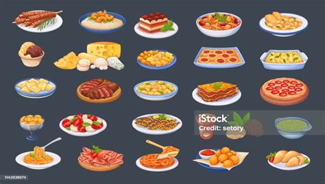 이탈리아 음식 세트 고립 된 피자와 파스타 치즈와 디저트를 곁들인 튀긴 패스트 푸드 스낵 피자에 대한 스톡 벡터 아트 및 기타 이미지 Istock