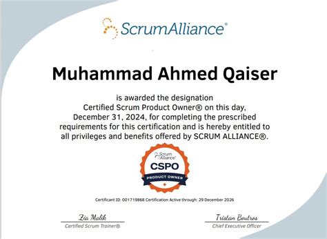 Cspo Scrumalliance Scrum Productowner Agile Productmanager Muhammad Ahmed Qaiser Csm