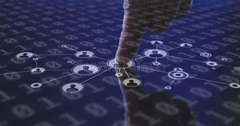 Image Of Man Touching Interactive Screen With Network Of People Icons And Binary Coding Stock