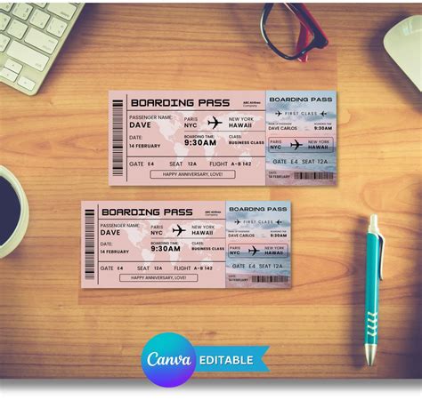 Editable Boarding Pass Template Plane Ticket Template Surprise Vacation Reveal Airline Ticket