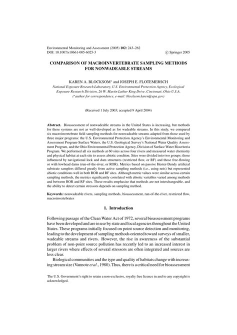 Pdf Comparison Of Macroinvertebrate Sampling Methods For Nonwadeable Streams