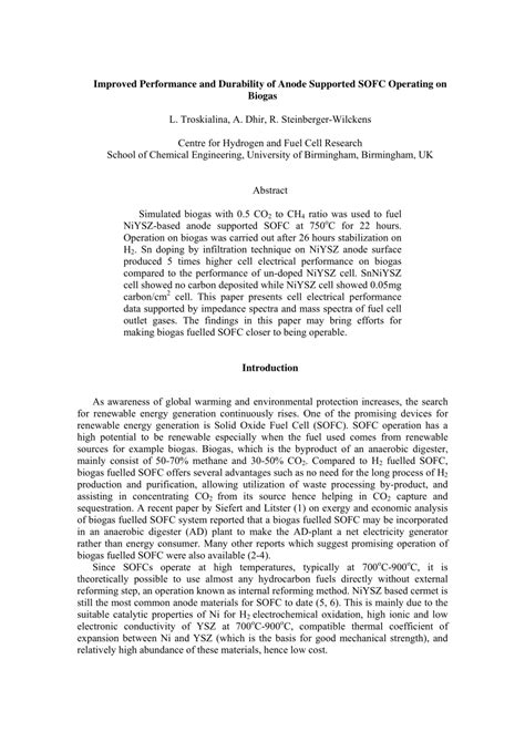 Pdf Improved Performance And Durability Of Anode Supported Sofc Operating On Biogas