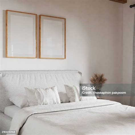 두 프레임 모형 침실 아늑한 현대 가정 인테리어 침대 빈 머리판 나무 패턴 및 벽 배경 방 3d 렌더링 0명에 대한 스톡 사진 및 기타 이미지 Istock