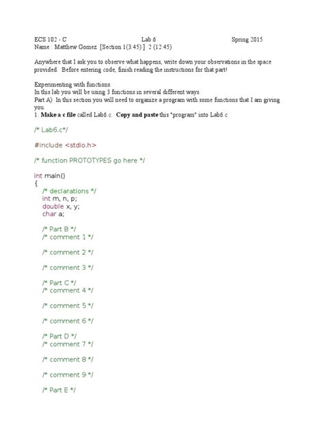 Ecs 102 Lab 6 Functions Pdf Parameter Computer Programming C Programming Language