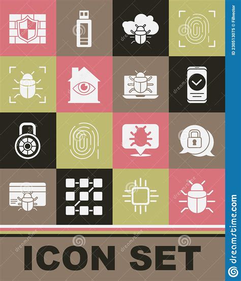 Set System Bug Cyber Security Smartphone Cloud House With Eye Scan