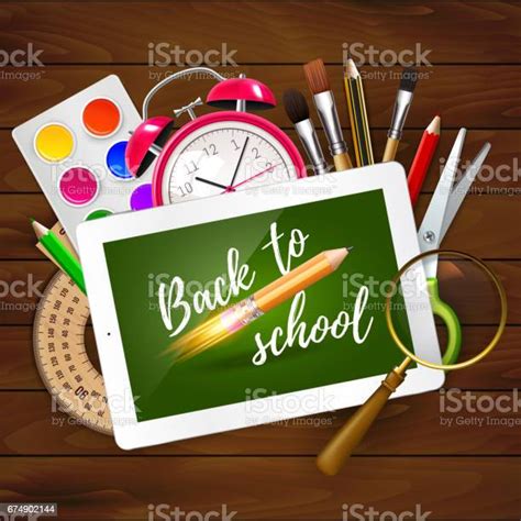 학생 책상에 태블릿 Pc에 대 한 학교 돌아가기 벡터 일러스트입니다 Eps 10 개념에 대한 스톡 벡터 아트 및 기타 이미지 개념 공부 교습 Istock