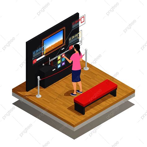 흰색 배경 3d 벡터 일러스트 레이 션에 박물관 조각을보고 증강 현실 안경에 여자와 아이소 메트릭 구성 상징 실내 놀이