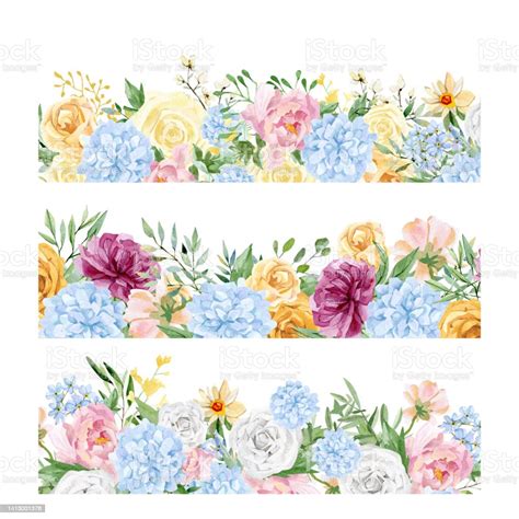 수채화 꽃 테두리 프레임 아름다운 포랄 홍채와 모란 나뭇잎과 가지 신부 샤워 베이비 샤워 결혼식 초대장을위한 식물 배너 디자인 개화기에 대한 스톡 벡터 아트 및 기타 이미지