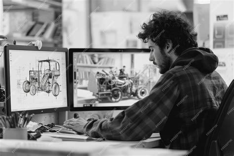 Premium Photo Engineer Working On A Computer With Two Displays Drawing And Designing In Cad