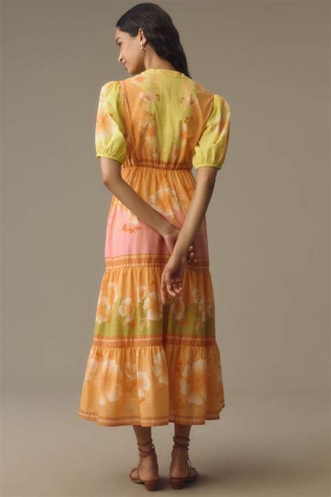 Farm Rio X Anthropologie 반소매 티어드 미디 드레스 앤트로폴로지 한국 공식 스토어 유니크한 여성 패션