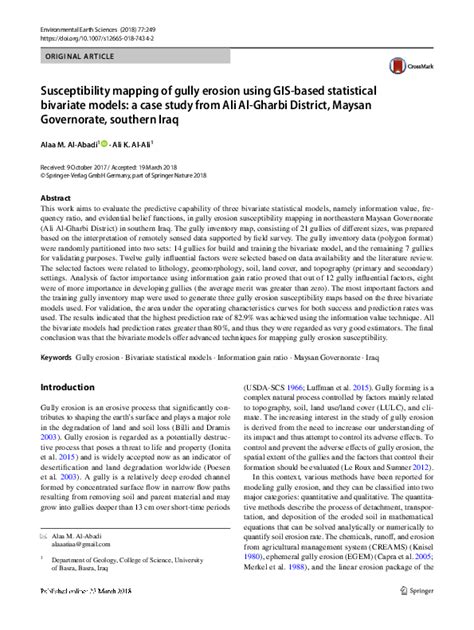 pdf susceptibility mapping of gully erosion using gis based statistical bivariate models a