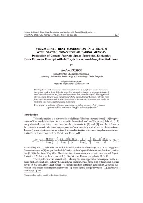Pdf Steady State Heat Conduction In A Medium With Spatial Non Singular Fading Memory