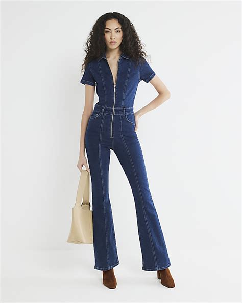Blue Denim Flare Leg Jumpsuit River Island