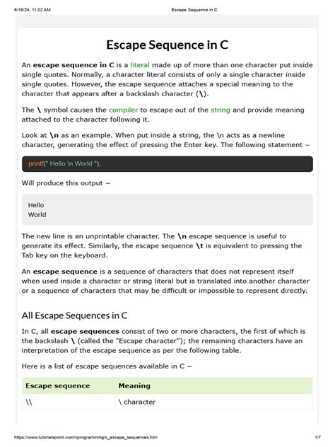 Escape Sequence In C Pdf Text Computing