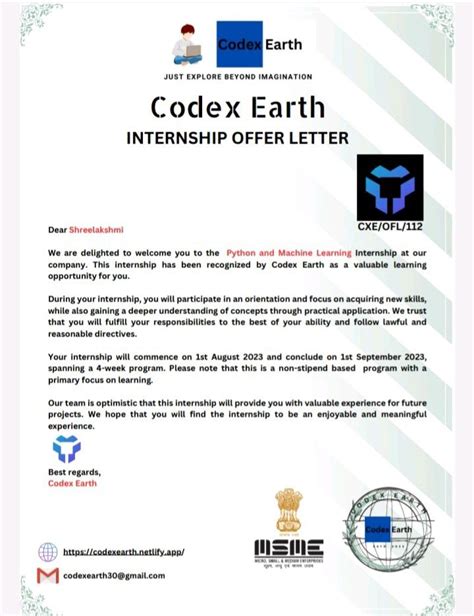 Shreelakshmi Achari On Linkedin Internship Codexearth