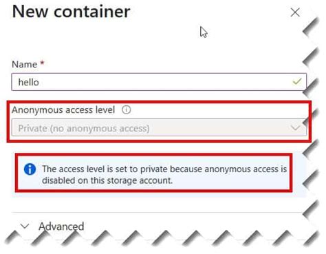 The Access Level Is Set To Private Because Anonymous Access Is Disabled On This Storage Account