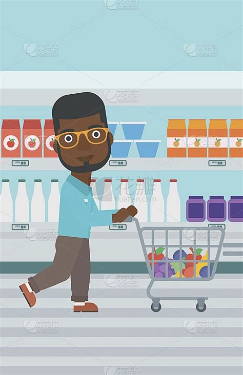 顾客与购物车矢量插图。素材 花瓣网