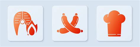 교차 소시지 구운 생선 스테이크와 불꽃과 요리사 모자를 설정합니다 흰색 정사각형 버튼 벡터 건강한 생활방식에 대한 스톡 벡터 아트 및 기타 이미지 Istock