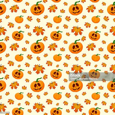 오렌지 단풍 나무 잎과 해피 할로윈 얼굴 호박의 원활한 만화 패턴 가을 일러스트 가을 시즌 프린트 10월에 대한 스톡 벡터 아트 및 기타 이미지 Istock