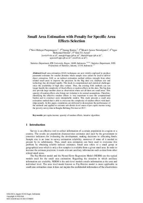 Pdf Small Area Estimation With Penalty For Specific Area Effects Selection