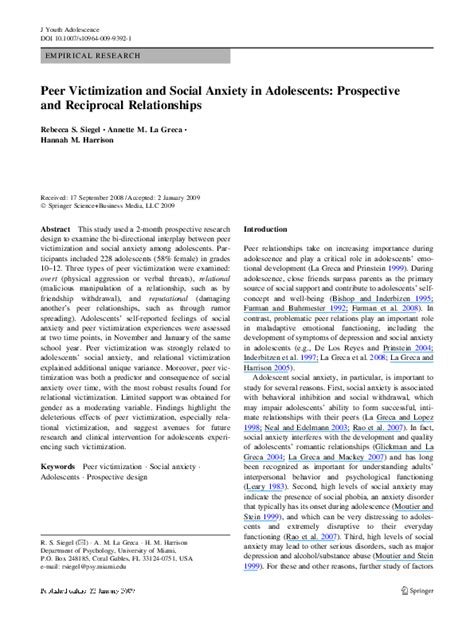 Pdf Peer Victimization And Social Anxiety In Adolescents Prospective