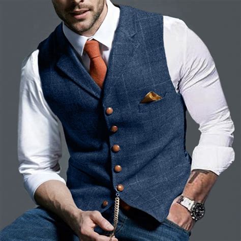 Plaid Mens Waistcoat Lapel Vintage Vest Slim Business Formal Suit Vest