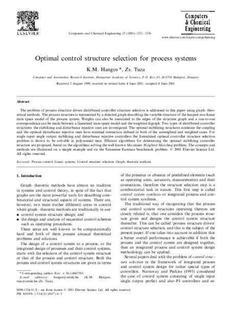 Pdf Optimal Control Structure Selection For Process Systems