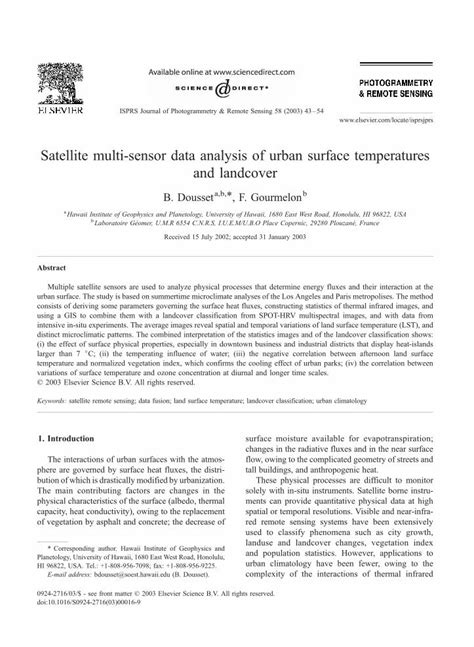 Pdf Satellite Multi Sensor Data Analysis Of Urban Surface