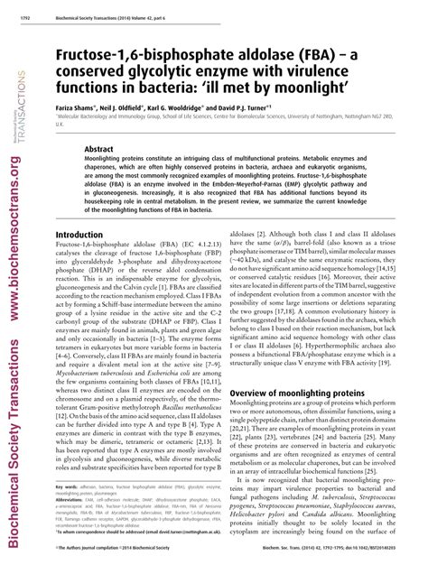 Pdf Fructose 1 6 Bisphosphate Aldolase Fba A Conserved Glycolytic Enzyme With Virulence