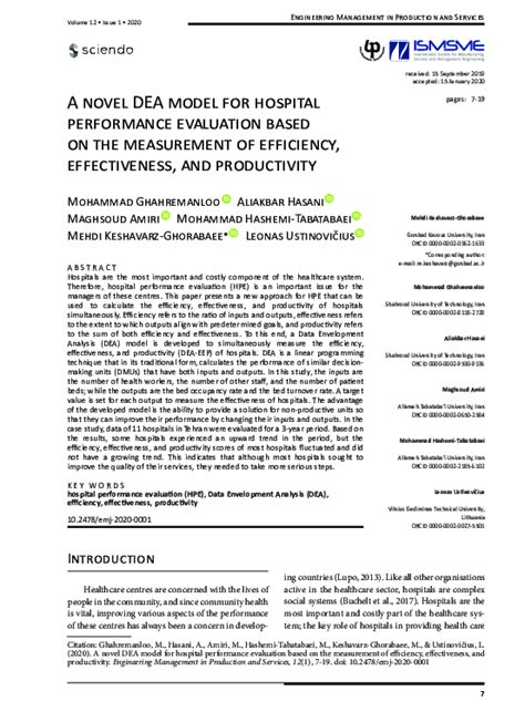 Pdf A Novel Dea Model For Hospital Performance Evaluation Based On The Measurement Of