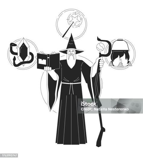 마법사 사람 원형 Bw 개념 벡터 스폿 일러스트레이션 등장인물에 대한 스톡 벡터 아트 및 기타 이미지 등장인물 마법사