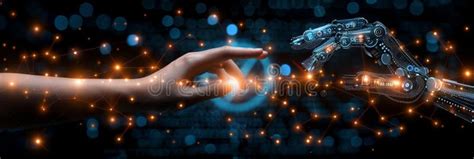 Human And Robotic Hands Reaching Across Intricate Digital Network In Symbolic Connection Stock