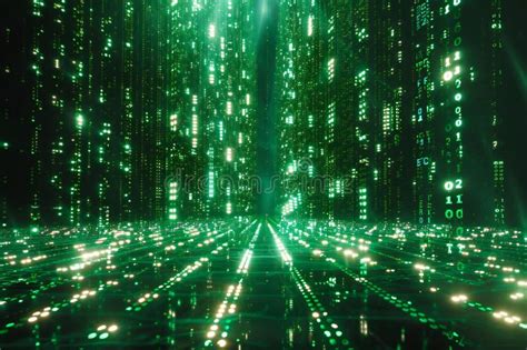 A Digital Matrix Of Green Binary Code With Rays Of Light Emanating