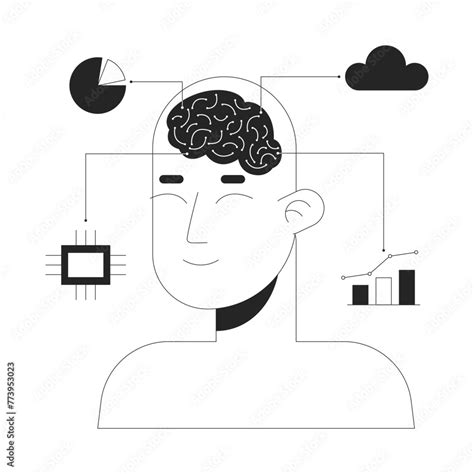 Ai Data Analytics Black And White 2d Illustration Concept Artificial Intelligence Brain Cartoon