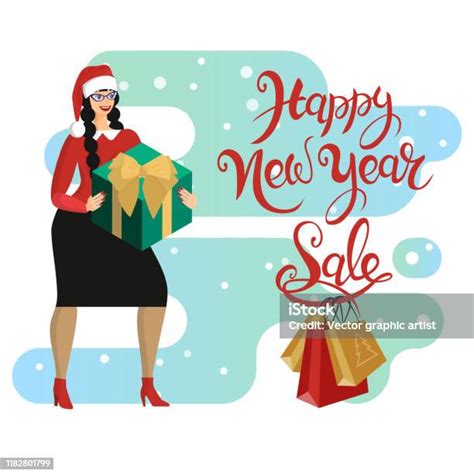 산타 모자를 쓴 여성이 크리스마스 판매 시즌에 선물을 구입합니다 배너 광고 포스터용 템플릿 디자인 12월에 대한 스톡 벡터 아트 및 기타 이미지 Istock