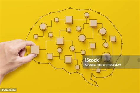 비즈니스 프로세스 및 흐름도를 통한 워크플로 자동화 노란색 배경에 뇌 모양의 가공 관리를 배열하는 나무 큐브 블록을 손으로 넣어