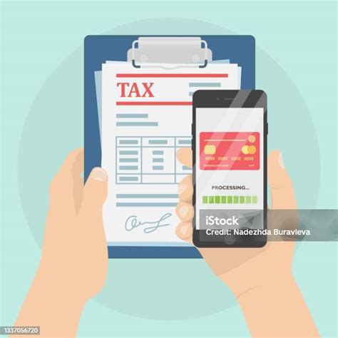모바일 뱅킹 앱으로 세금을 납부하십시오 남자 손 보유 세금 양식 및 스마트폰 온라인 결제 벡터 설계 Brand Name Smart Phone에 대한 스톡 벡터 아트 및 기타