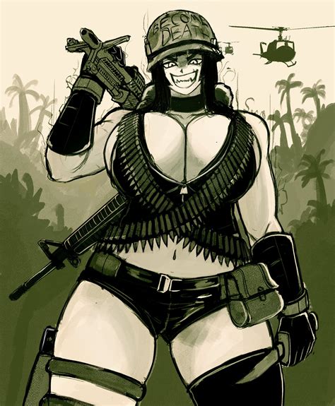 Rule 34 1girls Assault Rifle Background Big Breasts Breasts Bullet Bullet Belt Cleavage Female