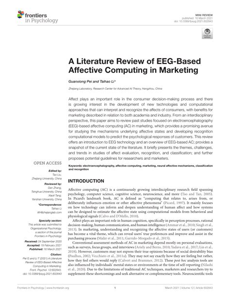 PDF A Literature Review Of EEG Based Affective Computing In Marketing