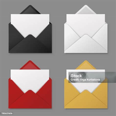 봉투를 엽니다 검은 색 빨간색과 흰색 빈 종이 편지 시트와 노란색 메일 봉투 3d 이메일 아이콘 벡터 격리 모형 세트 봉투에