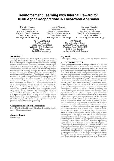 Pdf Reinforcement Learning With Internal Reward For Multi Agent Cooperation A Theoretical