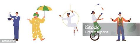 재미있는 서커스 예술가와 거리 공연자 만화 인물 캐릭터 벡터 일러스트레이션 세트 남자에 대한 스톡 벡터 아트 및 기타 이미지 남자 여자 저글링 Istock