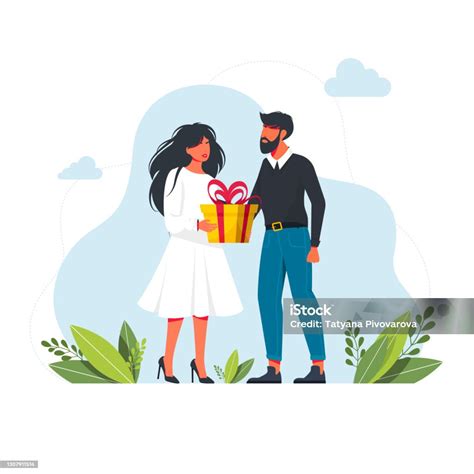 남자는 여자에게 선물을 준다 플랫 벡터 그림입니다 남자는 여성에게 선물을 준다 만화 소년 소녀에게 선물 상자를주는 벡터 현재 발렌타인 데이 또는 생일 벡터 일러스트레이션
