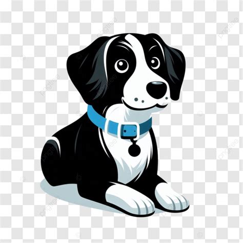 كلب كرتون أبيض وأسود لطيف مع عيون كبيرة يجلس مرتديًا ذوي الياقات