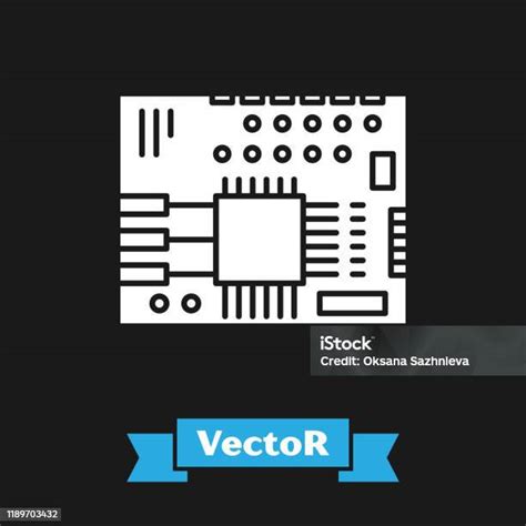 흰색 인쇄 회로 기판 Pcb 아이콘은 검은 색 배경에 격리 벡터 일러스트레이션 Cpu에 대한 스톡 벡터 아트 및 기타 이미지
