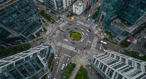 Urban Aerial View Of A Roundabout Intersection Modern Buildings Stock