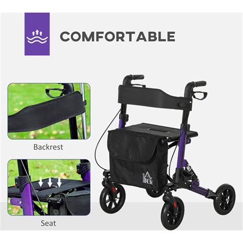 Homcom 4 Wheel Rollator Walker With Seat Backrest Bag